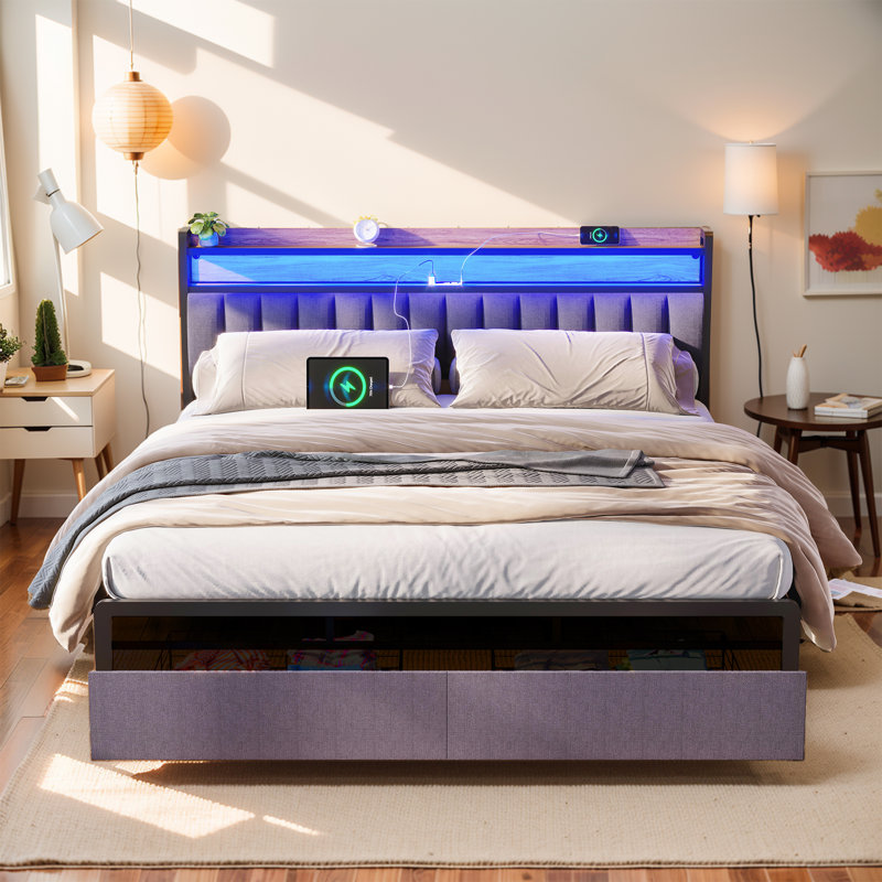 17 Stories Smart Upholstered King Bed Frame Storage Headboard LED Light Charging Station Underbed Drawer In One Wayfair